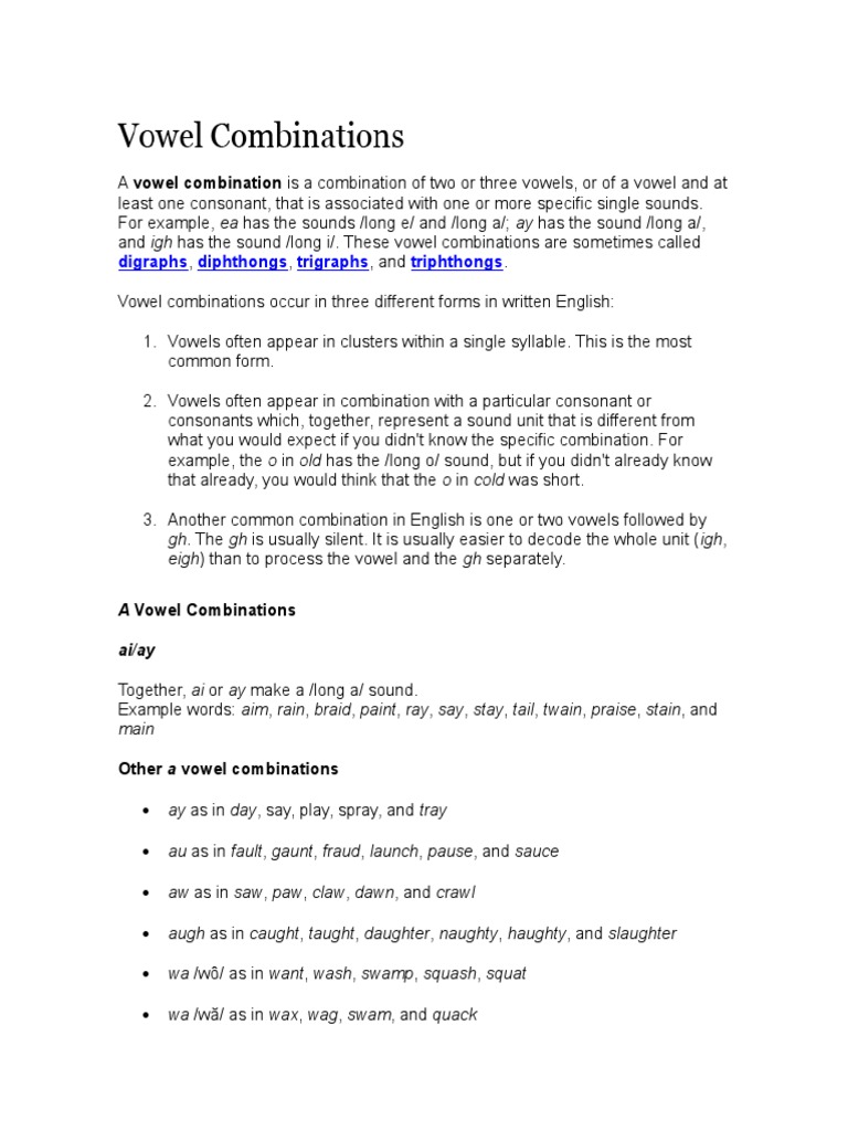 A Vowel Combination Is A Combination of Two or Three Vowels | PDF ...