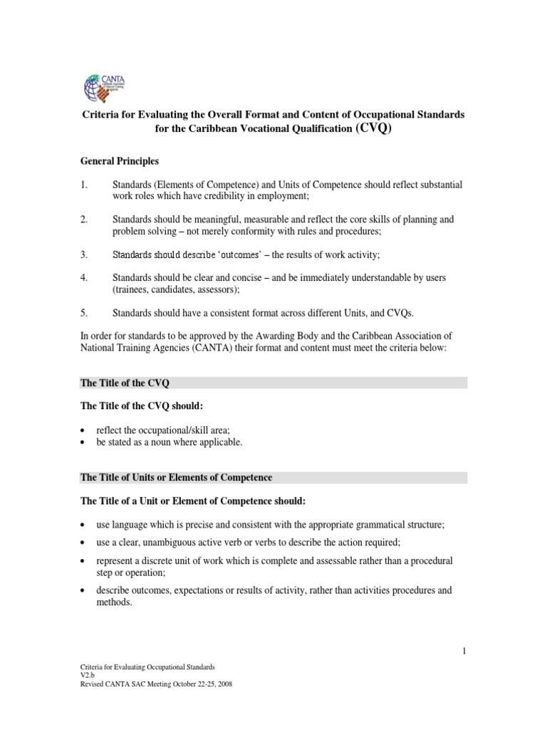 Criteria For Evaluating The Overall Format and Content of Occupational ...