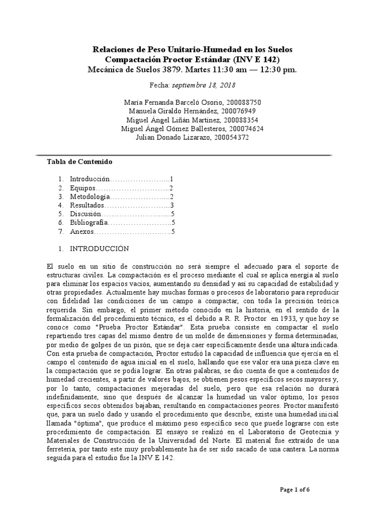 Compactación Proctor Standard (INV E 142) | PDF | Densidad | Humedad