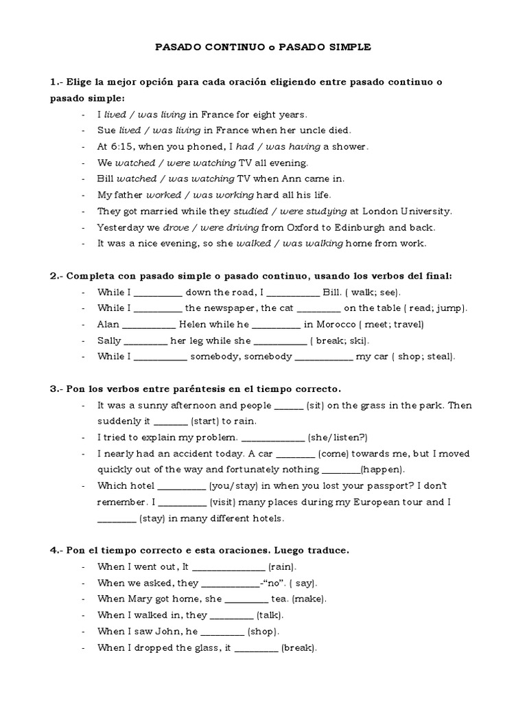 Ejercicios de Pasado Continuo y Simple | PDF | Language Arts & Discipline