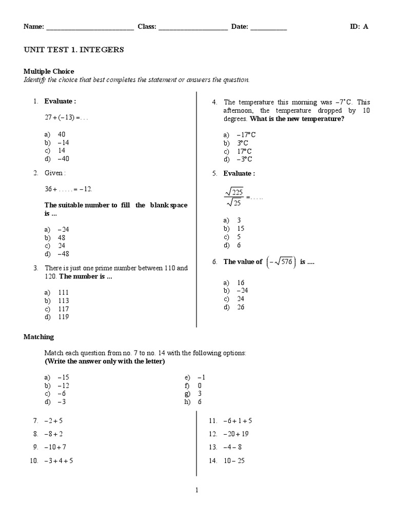 Unit Test 1: Evaluating Integers and Finding Common Factors | PDF ...