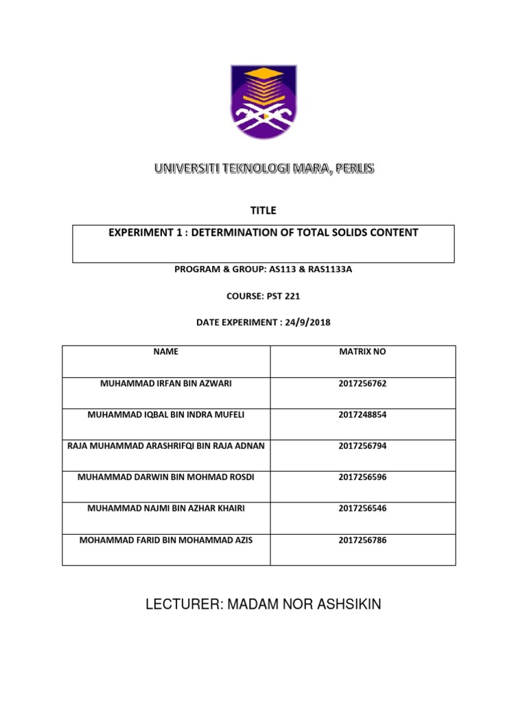 Title Experiment 1: Determination of Total Solids Content: Lecturer ...