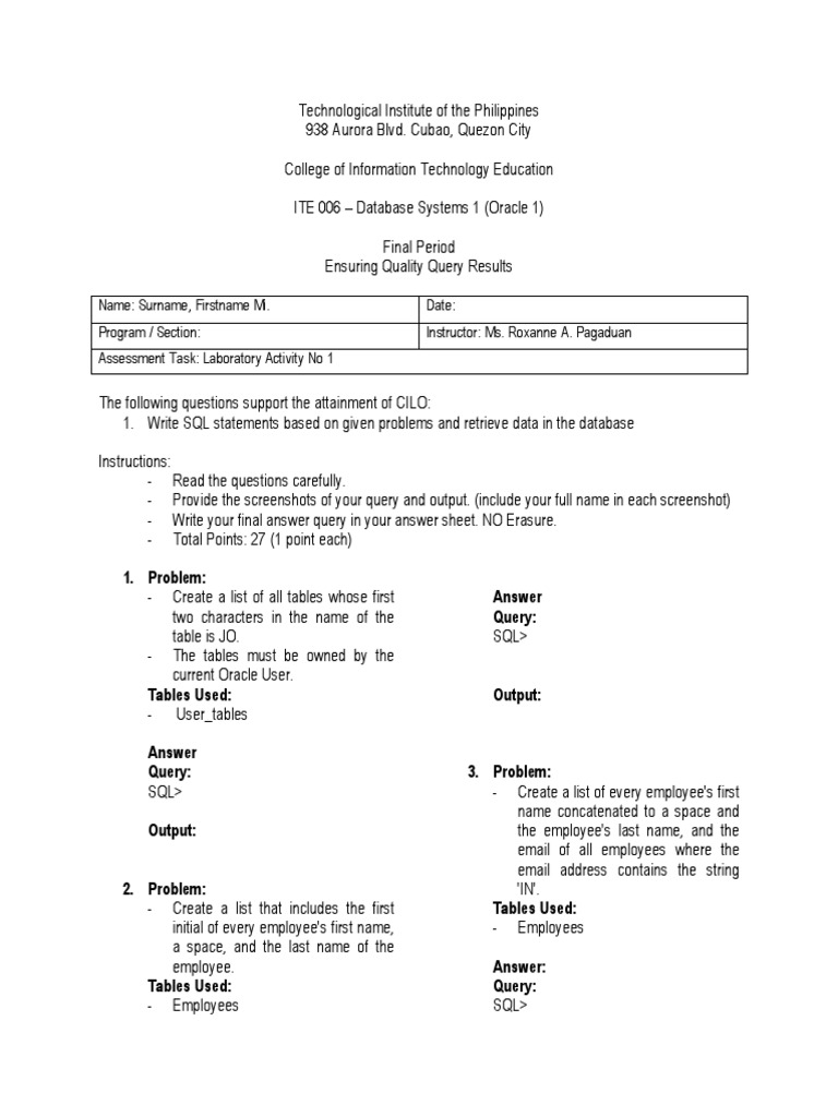Final Period: Ensuring Quality Query Results Through Practice SQL Questions on Database Tables ...