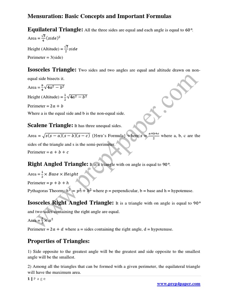 Mensuration: Basic Concepts and Important Formulas Equilateral Triangle ...