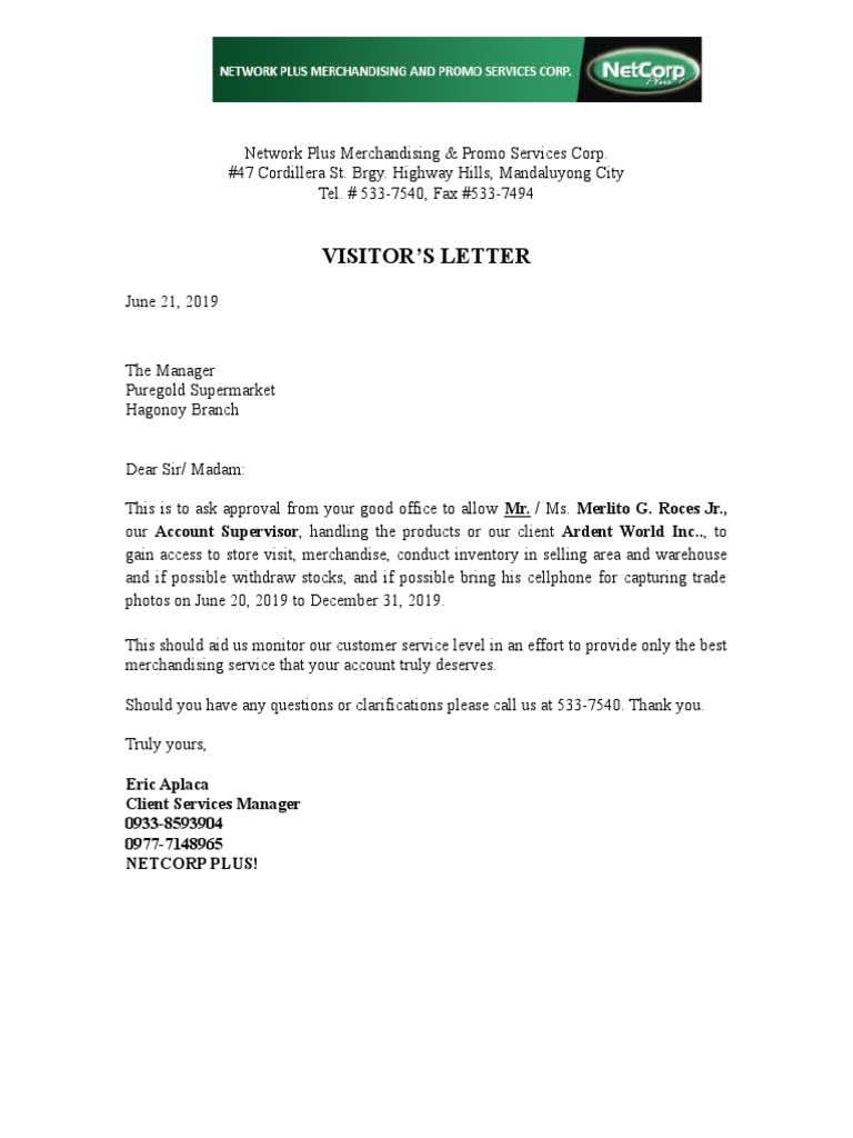 Visitor'S Letter: Eric Aplaca Client Services Manager 0933-8593904 0977 ...