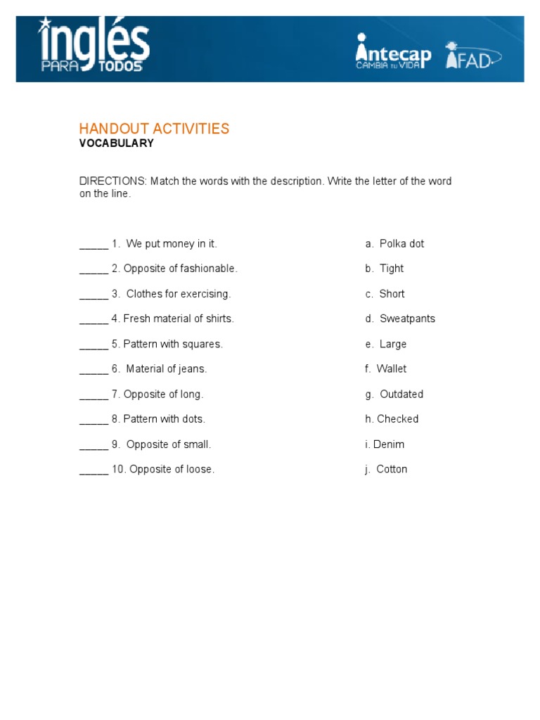 Vocabulary Matching Activity Handout | PDF | Lifestyle