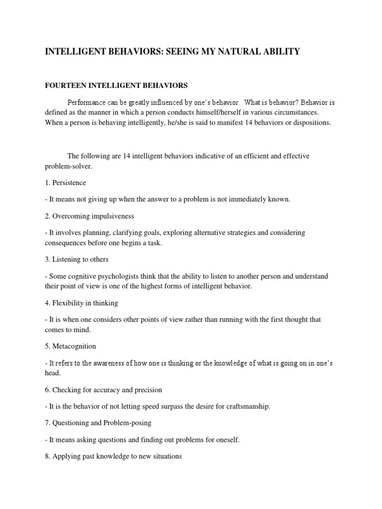 Intelligent Behaviors: Seeing My Natural Ability | PDF | Thought | Sex