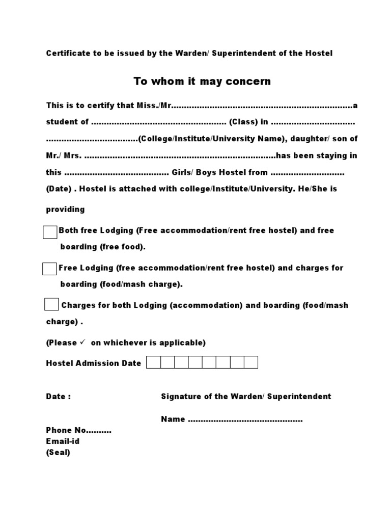 Hostel Certificate Tobe Issuedby The Warden