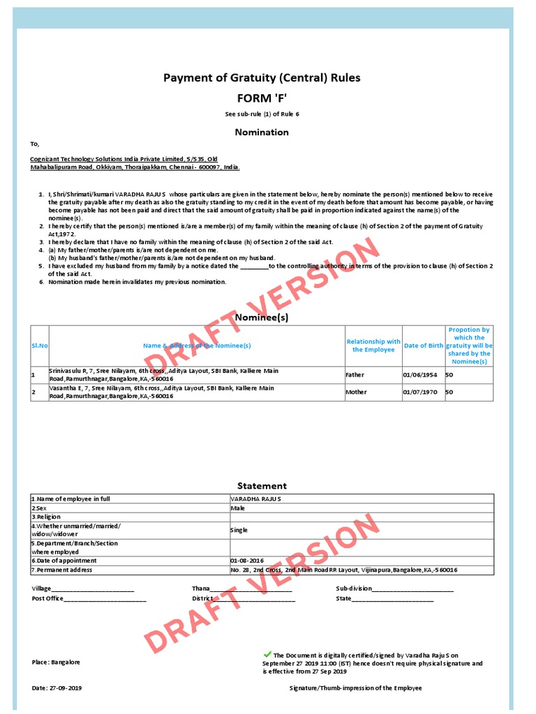 Gratuity Nomination Form for Employees | PDF | Gratuity | Pension