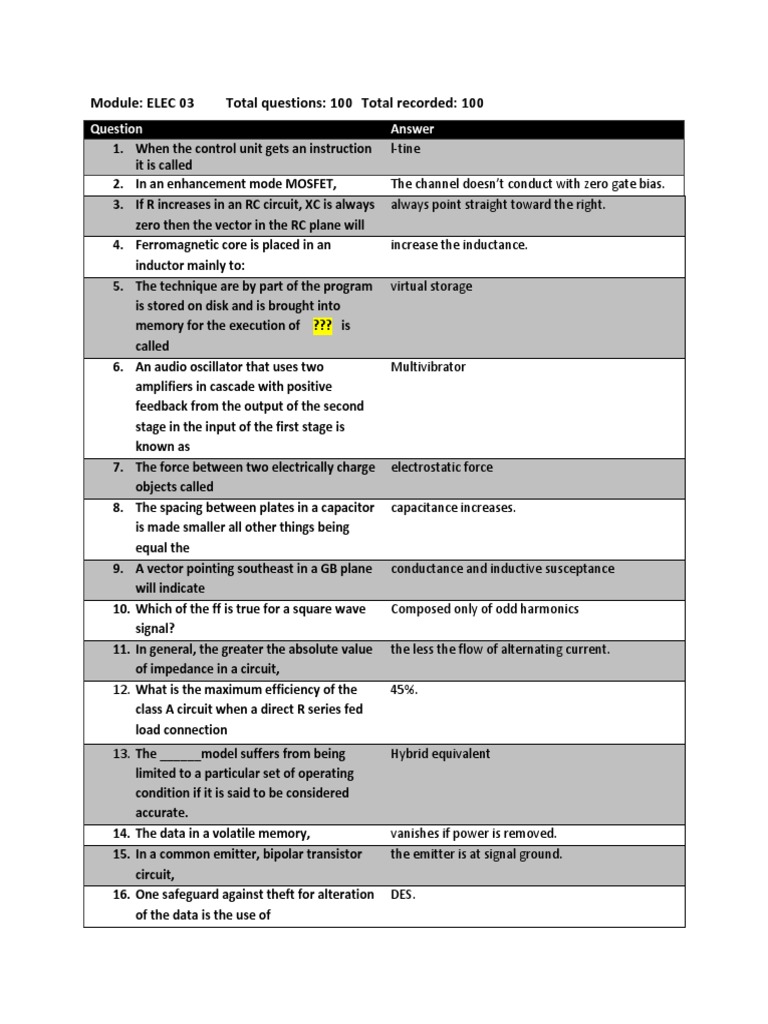 Module: ELEC 03 Total Questions: 100 Total Recorded: 100: Answer | PDF ...