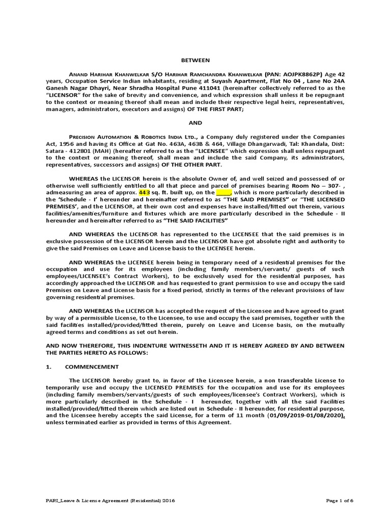 Leave and License Agreement Format - Anand Khanwelkar (1) | License | Lease