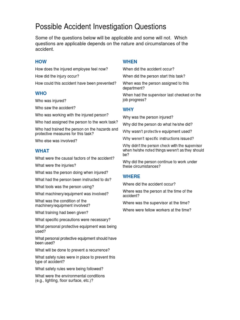 Possible Accident Investigation Questions | PDF | Prevention | Safety