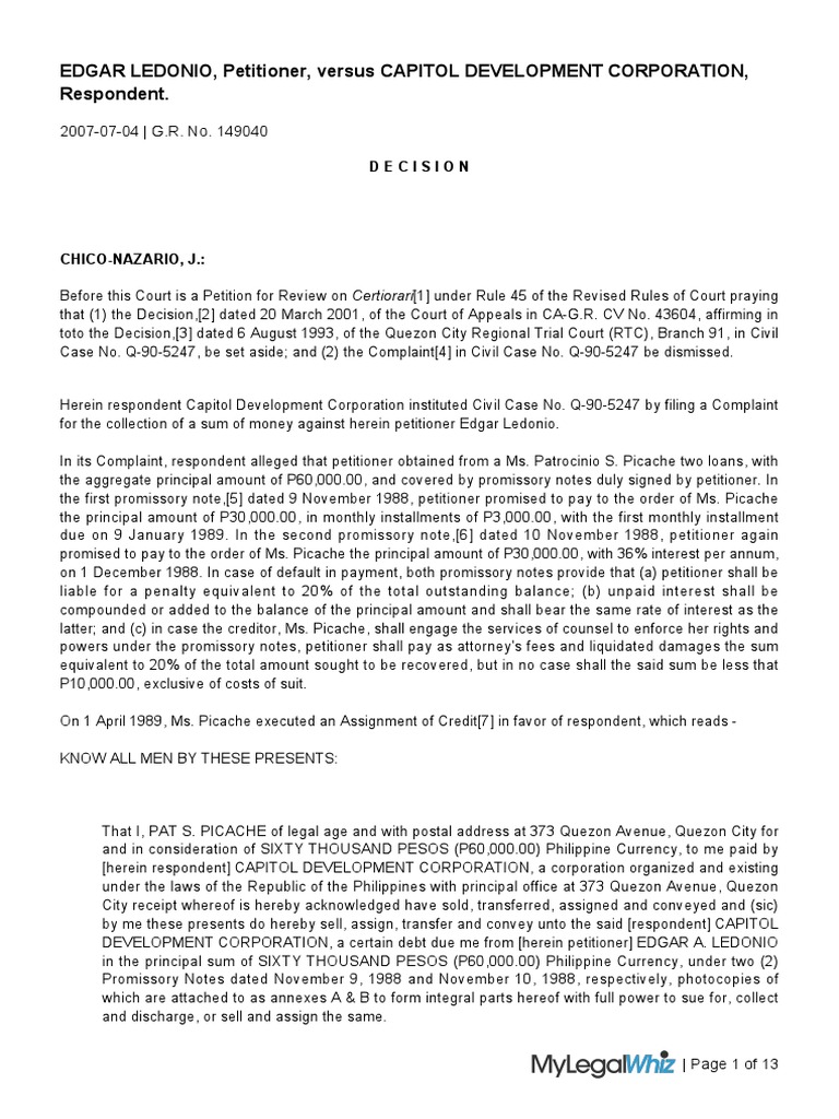 Petition Review: Ledonio vs. Capitol Development | PDF | Assignment ...