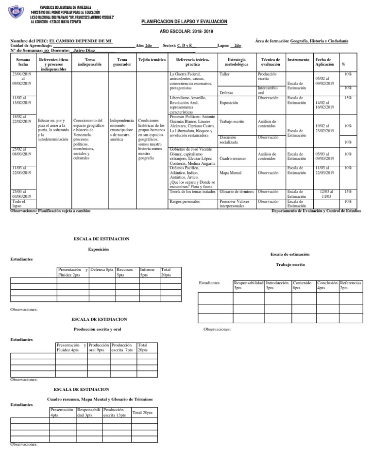 2do Año Planificacion 2019 2do Lapso GHC PROF JAIRO DIAZ | PDF ...