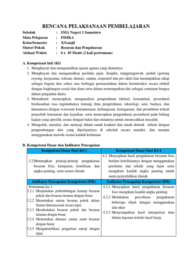 RPP KD 3.1 Besaran Dan Pengukuran | PDF