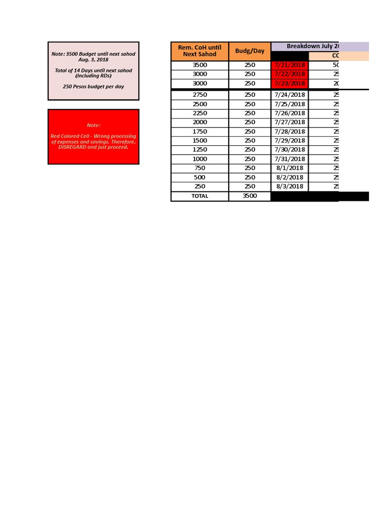 Daily Expenses and Savings Breakdown July 20 Aug 3 2018 | PDF