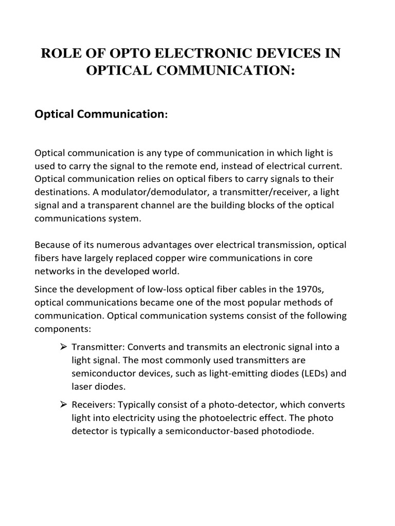 Role of Opto Electronic Devices in Optical Communication | Download Free PDF | Optical Fiber | Laser