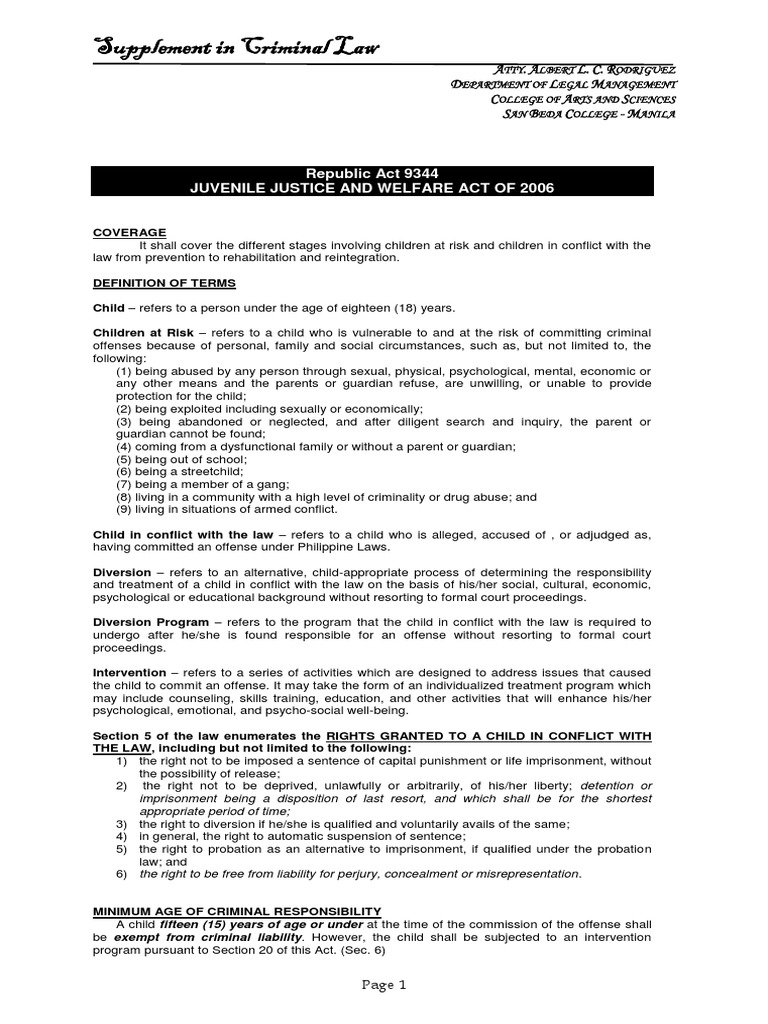 Supplement in Criminal Law: Republic Act 9344 Juvenile Justice and ...