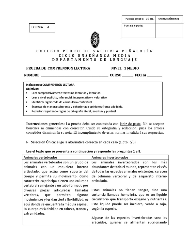 Prueba de Comprensión Lectora Primer Semestre FORMA A | PDF | Anfibio ...
