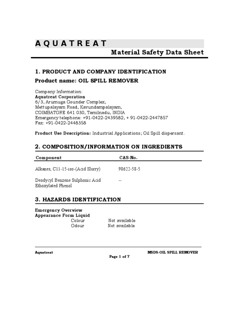 Oil Spill Remover Msds. | PDF | Toxicity | Carbon Dioxide