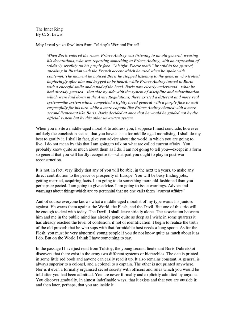 The Inner Ring - CS Lewis | PDF | Question | Reason