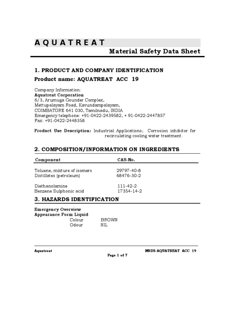 A Q U A T R e A T Acc 19 Msds | PDF | Toxicity | Carbon Dioxide