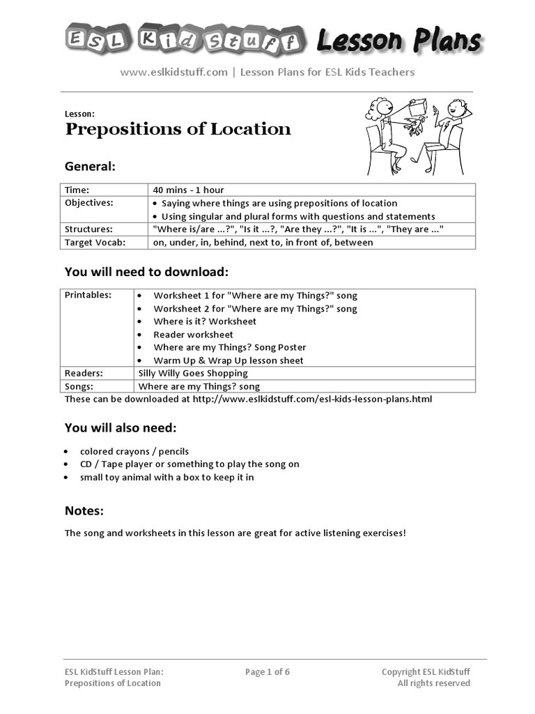 Prepositions of Location Lesson Plan | PDF | English As A Second Or ...