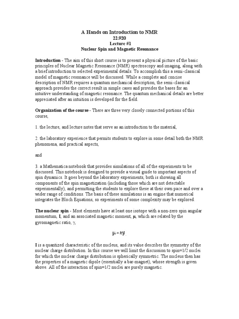 NMR Mit | PDF | Nuclear Magnetic Resonance | Spin (Physics)