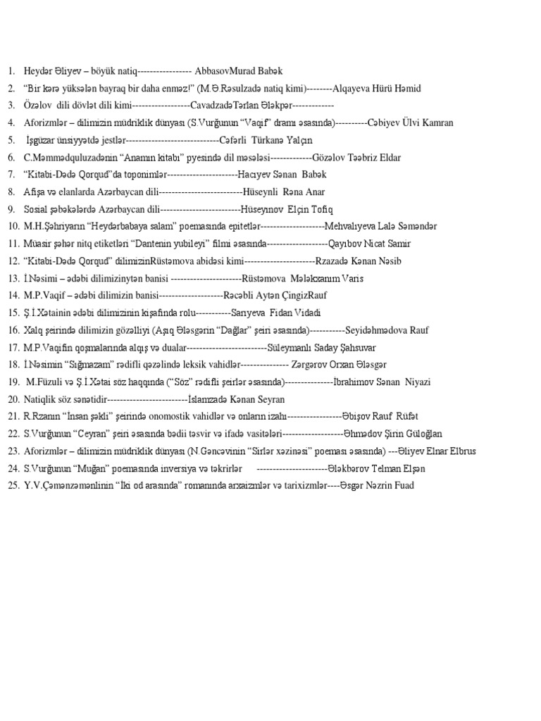 Azərbaycan Dili Təqdimat Mövzuları | PDF