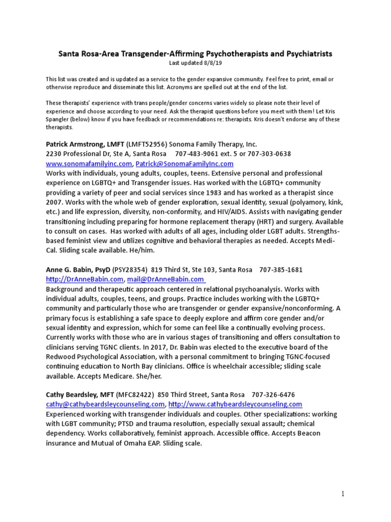 Trans-Affirming Therapist List - 8 | PDF | Transgender | LGBTQIA+ Studies
