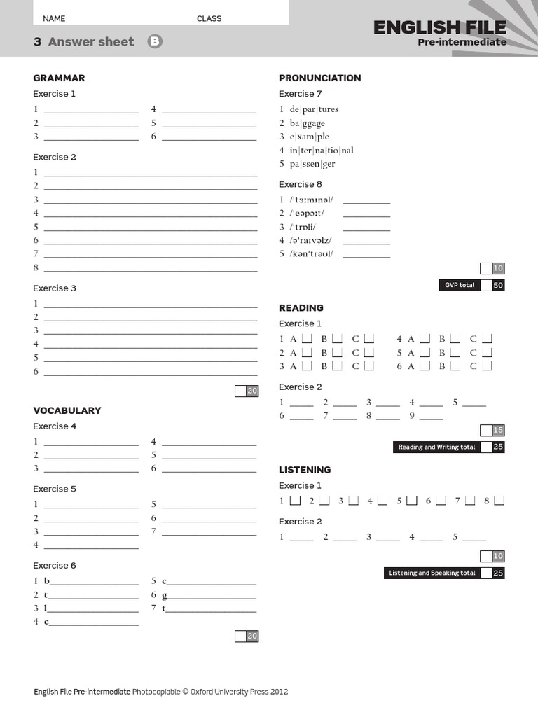 EF3e Preint Filetest 03b Answer Sheet PDF | PDF | Symbols | Cognition