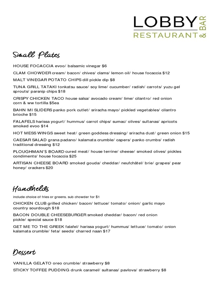 Lobby Bar Menu Highlights | PDF | Salad | Pickling