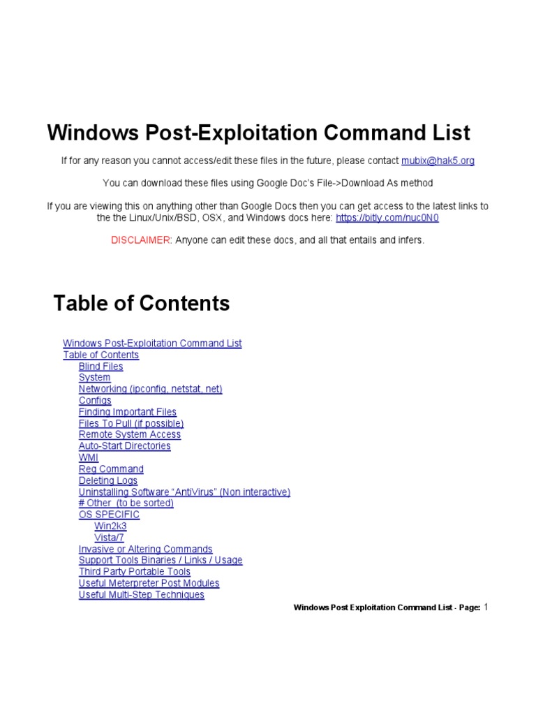 Windows Post Exploitation Command List Disclaimer Pdf Windows Registry Computer File