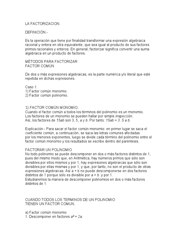 Factor Comun Monomio Factor Comun Polinomio PDF | PDF | Factorización ... Factor Comun Monomio Factor Comun Polinomio PDF | PDF | Factorización ...