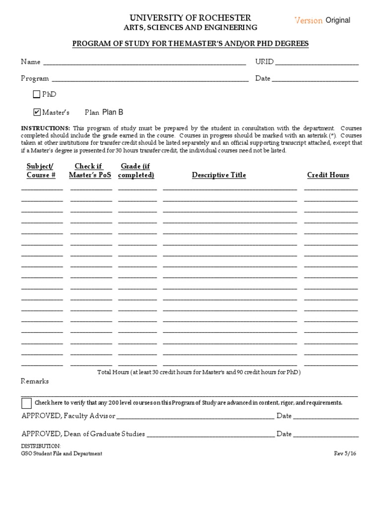 Program of Study Form | PDF | Course Credit | Master's Degree