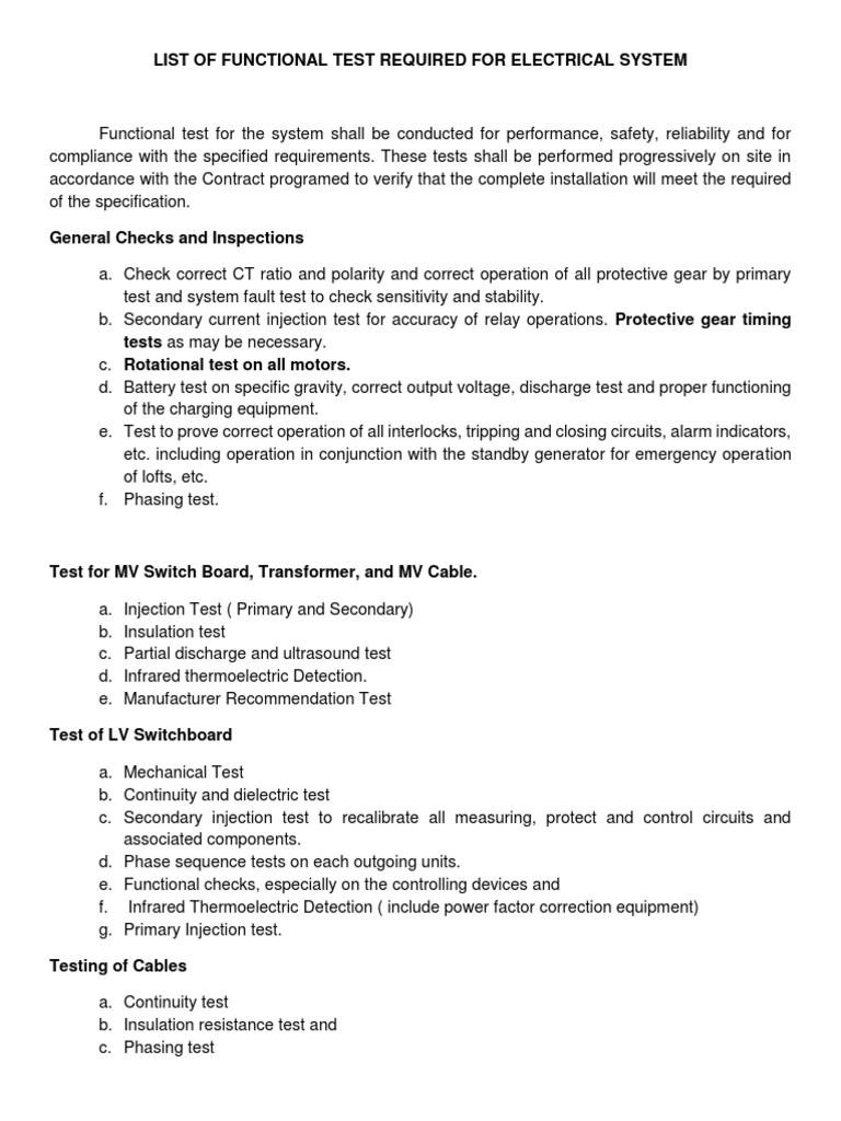 List of Functional Test Required For Electrical System | PDF ...