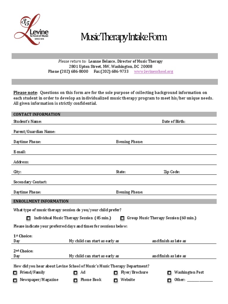 Understanding a Student's Needs: A Music Therapy Intake Form | PDF ...
