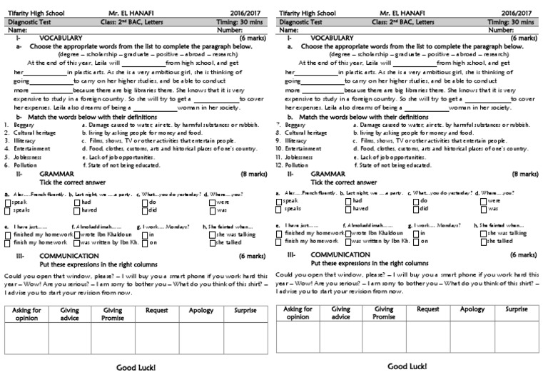2nd BAC Diagnostic Test Overview | PDF