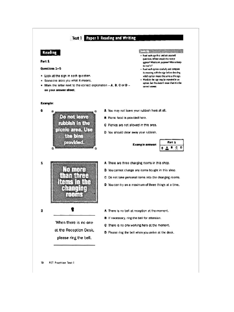PET Reading and Writing Practice Test | PDF