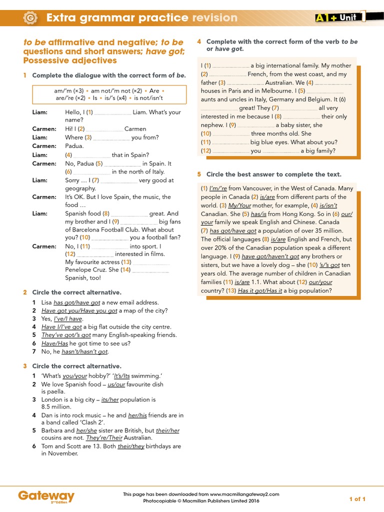 Gateway A1+ Teacher's Resources UNIT 1 Extra Grammar Practice Revision ... Gateway A1+ Teacher's Resources UNIT 1 Extra Grammar Practice Revision ...