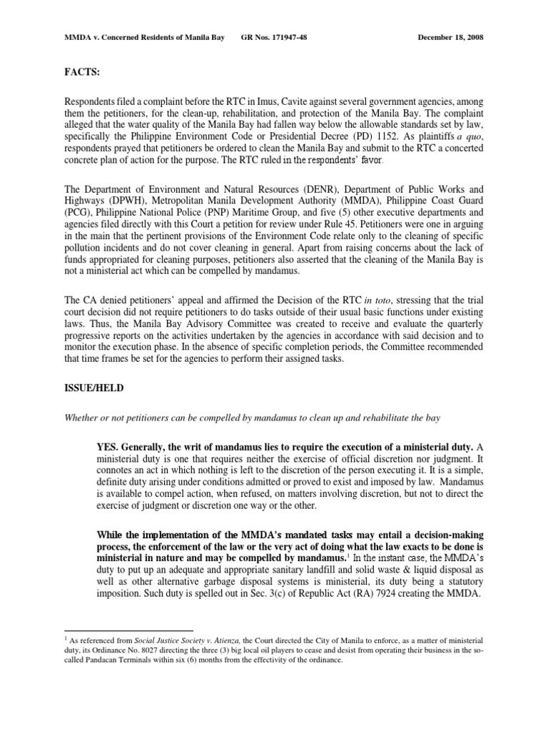 Case Digest - MMDA V Concerned Residents of Manila Bay | PDF | Mandamus | Metro Manila