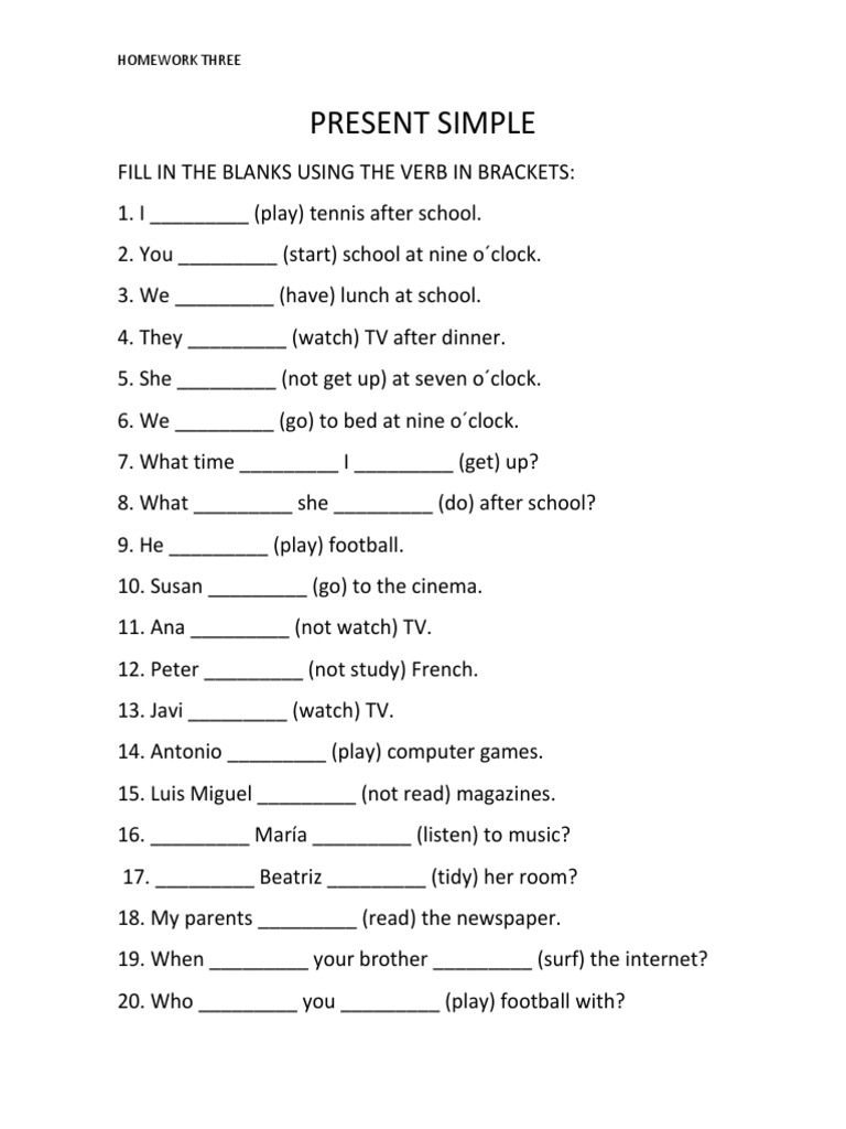 Present Simple: Homework Three | PDF