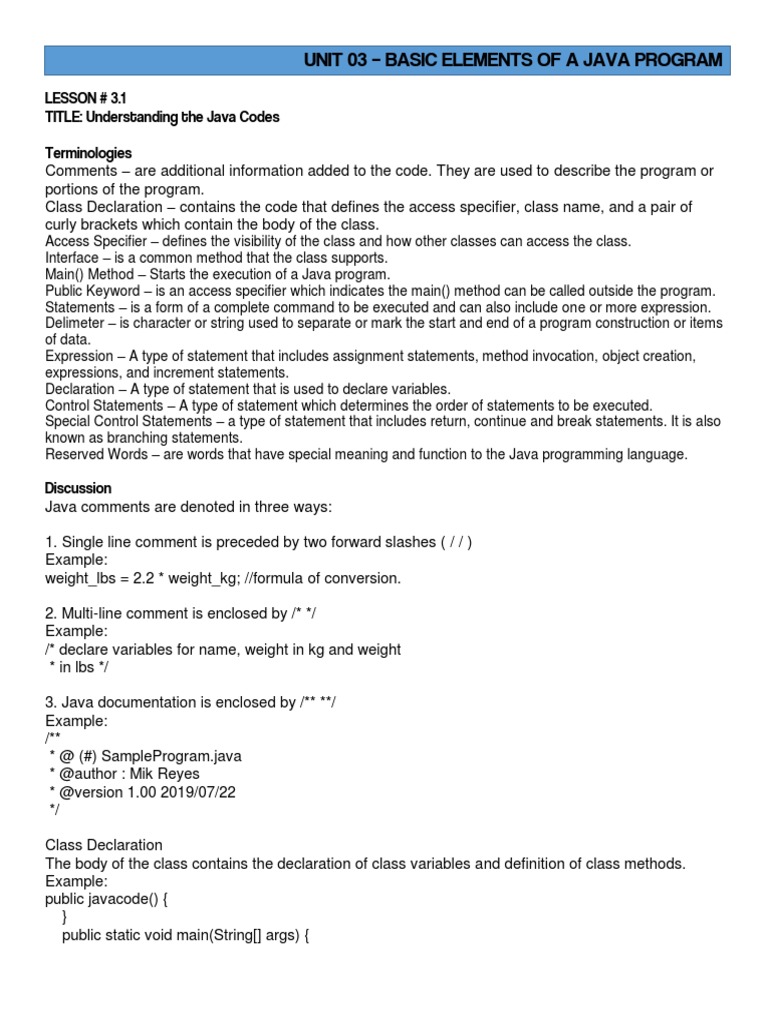 Unit 03 - Understanding Java Codes PDF | PDF | Class (Computer Programming) | Method (Computer ...