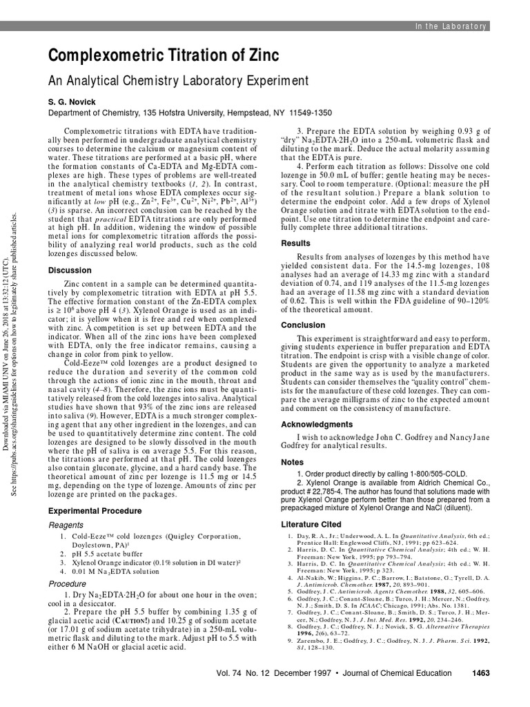 Complexometric Titration of Zinc: An Analytical Chemistry Laboratory ...