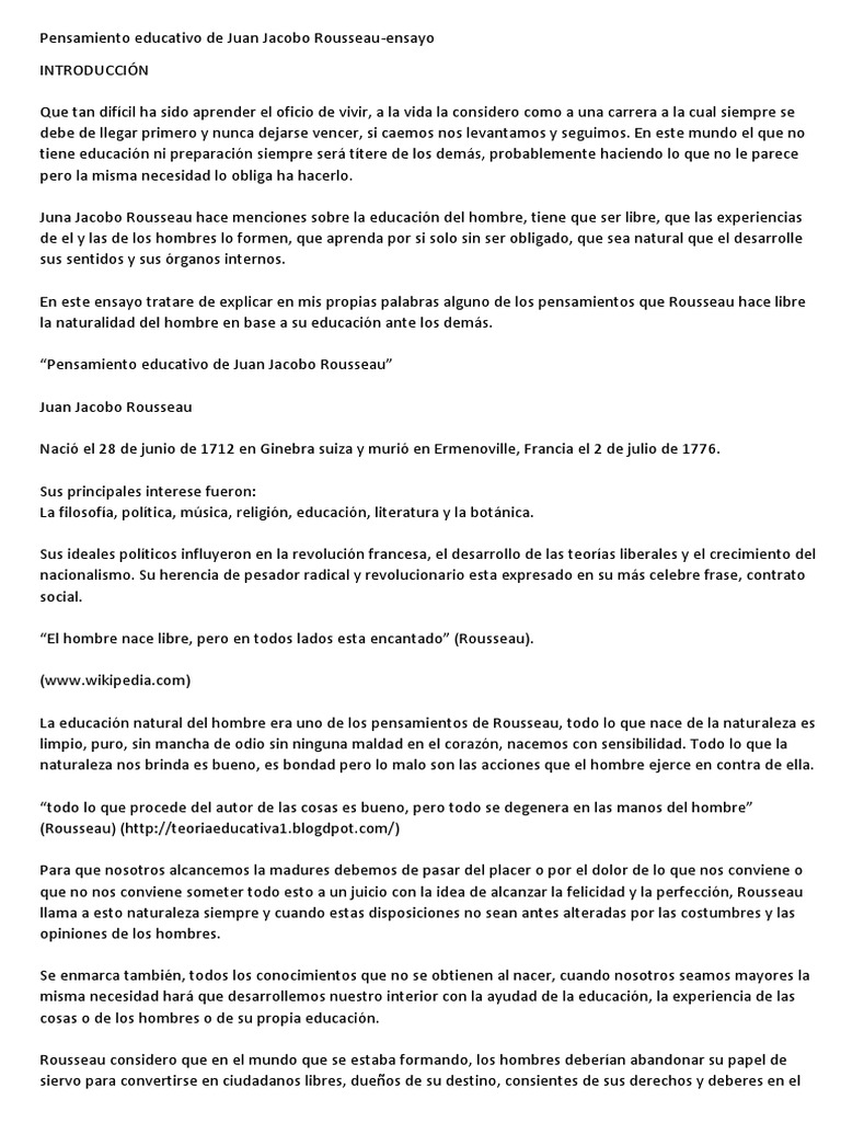 Pensamiento Educativo de Juan Jacobo Rousseau | PDF | Emile, o sobre ...