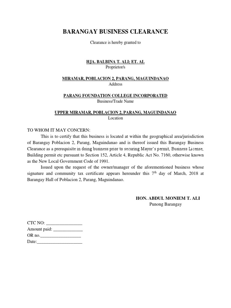 Barangay Business Clearance | PDF