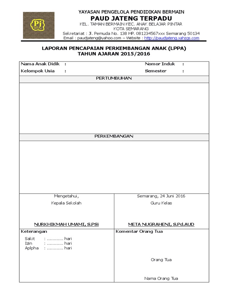 Format Lppa Paud Laporan Perkembangan Anak PDF | PDF