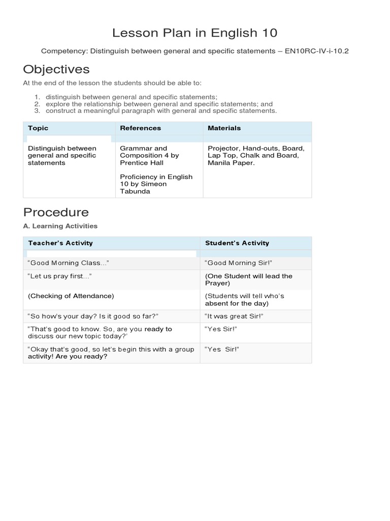 Lesson Plan in English 10: Competency: Distinguish Between General and ...