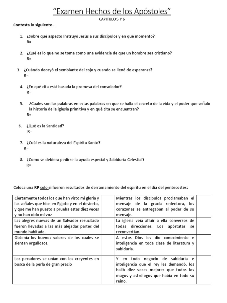 Examen Del Capitulo 5 y 6 de Hechos de Los Apóstoles | PDF | espíritu ...