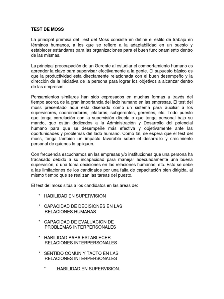 Test de Moss: Evaluación de Supervisión y Relaciones Humanas | PDF ...